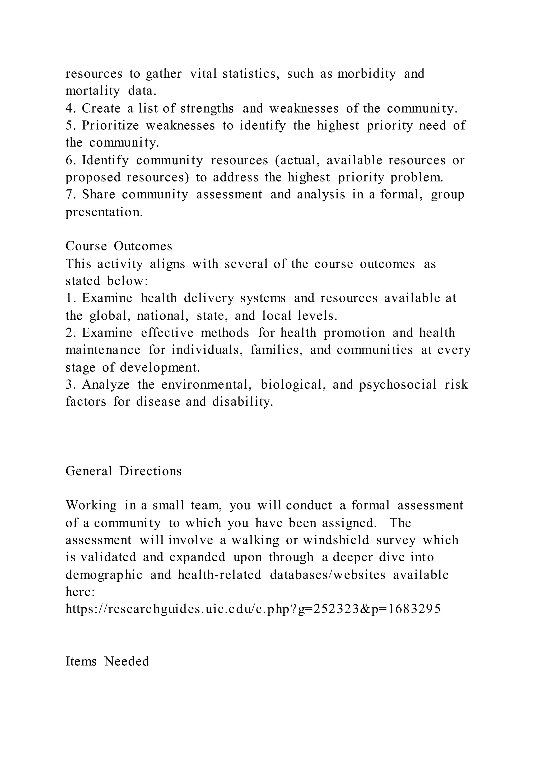 Community assessment & analysis windshield survey”purposean | DOCX