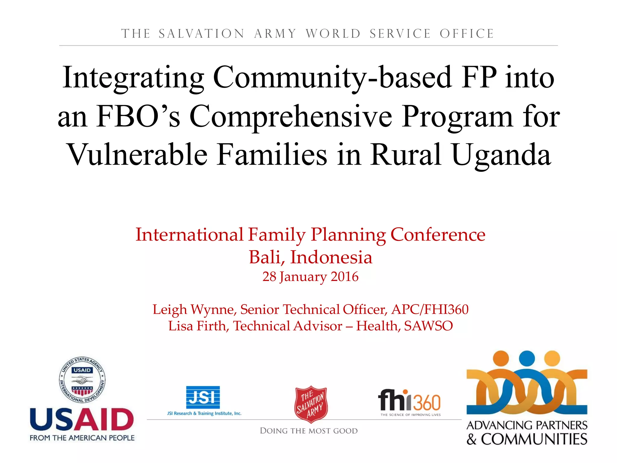 Integrating Community-based FP into an FBO’s Comprehensive Program for Vulnerable Families in ...