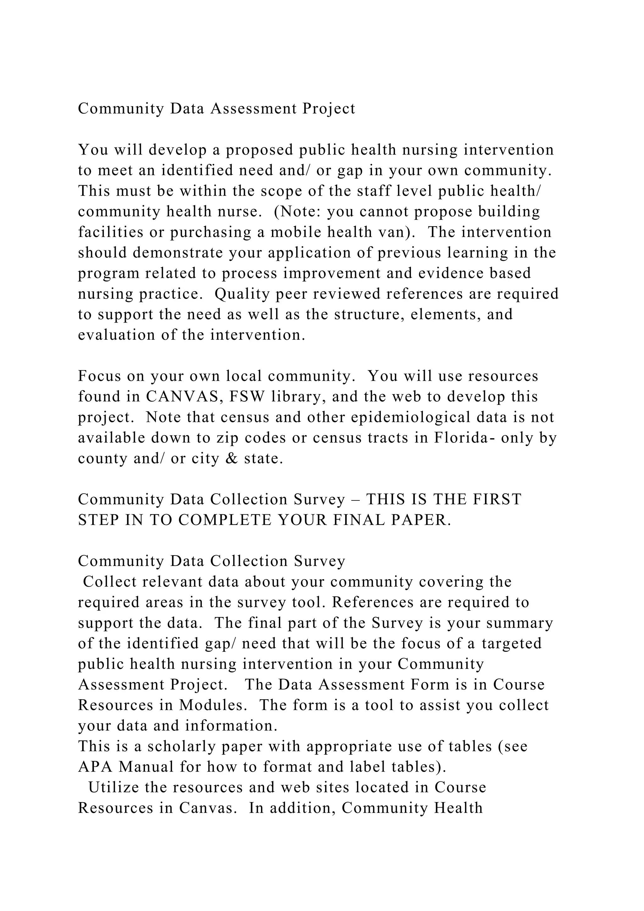 Community Data Assessment Project You will develop a proposed pu.docx ...