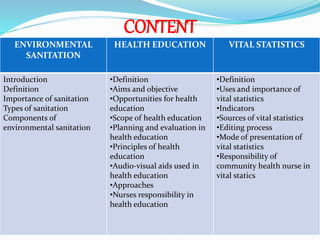 ENVIRONMENTAL SANITATION HEALTH EDUCATION VITAL STATISTICS | PPTX