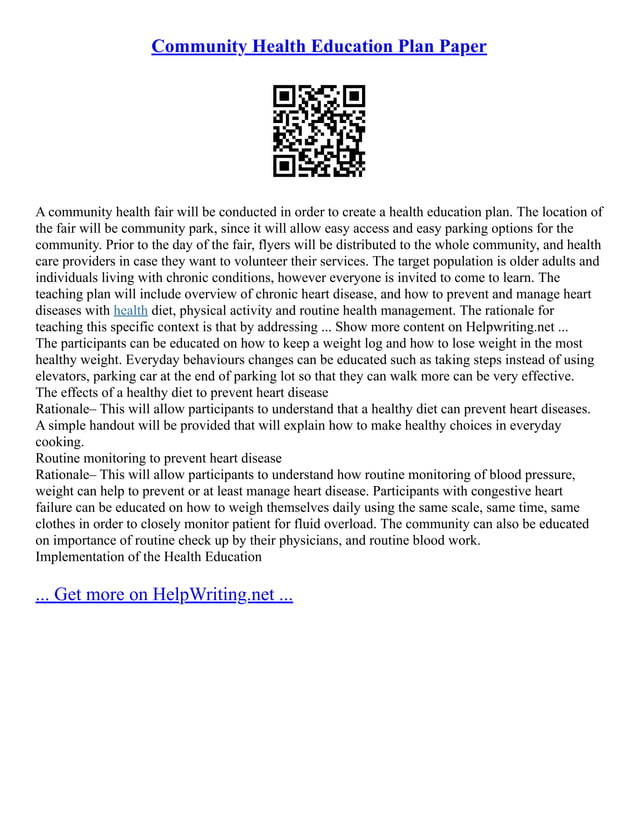 Community Health Education Plan Paper | PDF