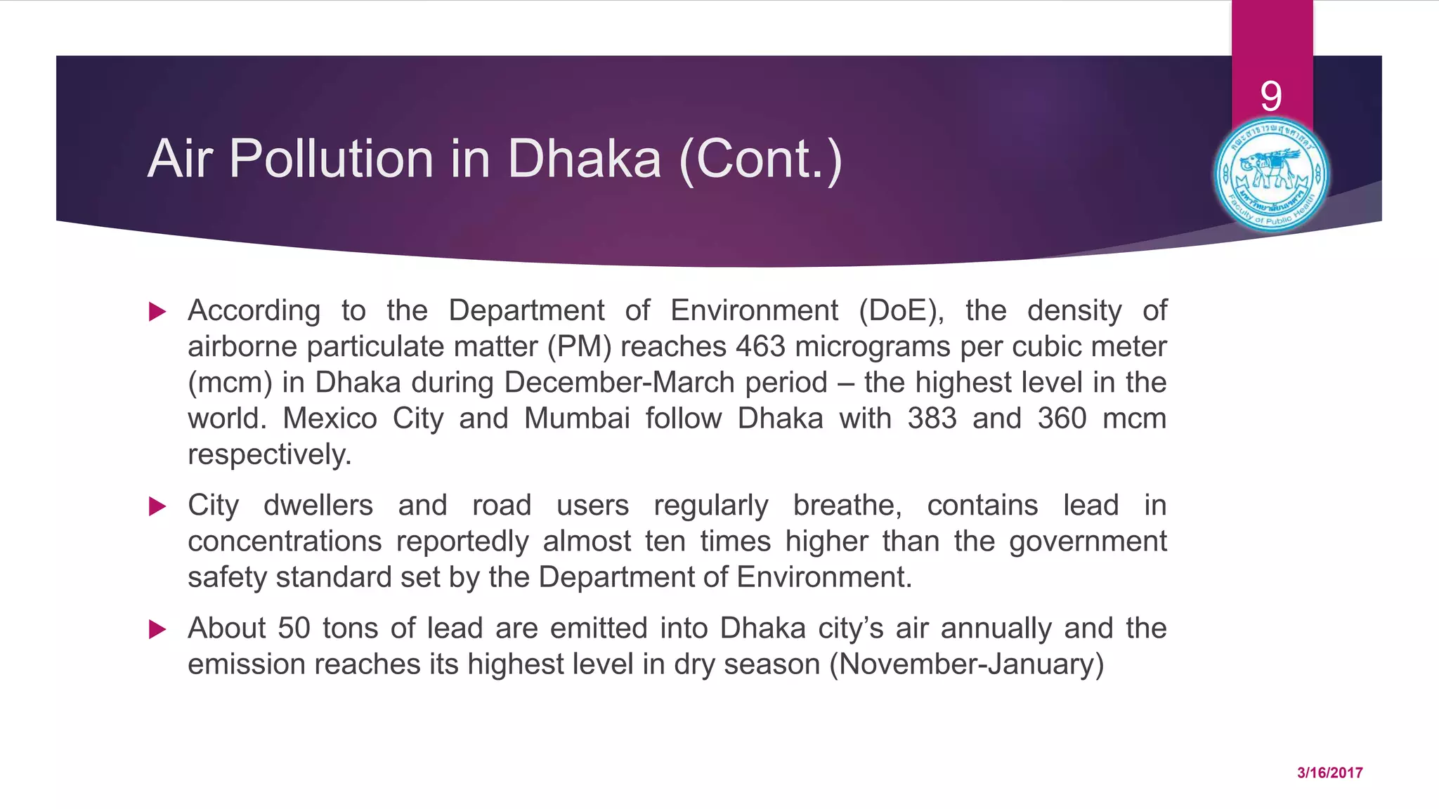 Community health impact assignment on air pollution of Dhaka, Bangladesh | PPT