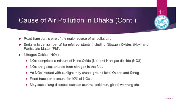 Community health impact assignment on air pollution of Dhaka, Bangladesh | PPT