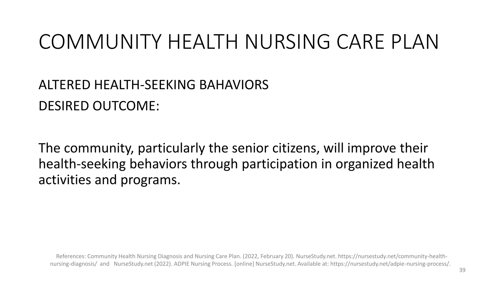 COMMUNITY HEALTH NURSING CARE PLANS, DIAGNOSIS AND INTERVENTION | PPTX