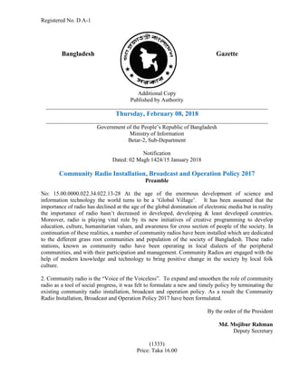 Community Radio Installation, Broadcast and Operation Policy 2017 in Bangladesh: English Version ...