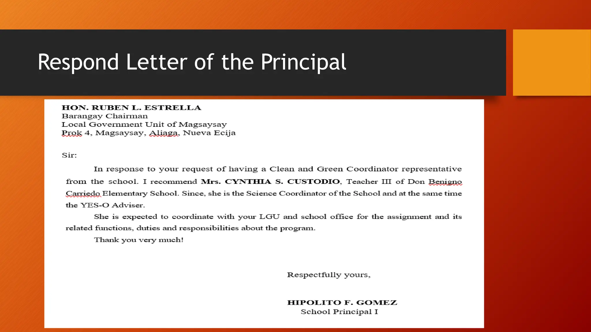 COMMUNITY SERVICE :sample letter of barangay and school | PPTX