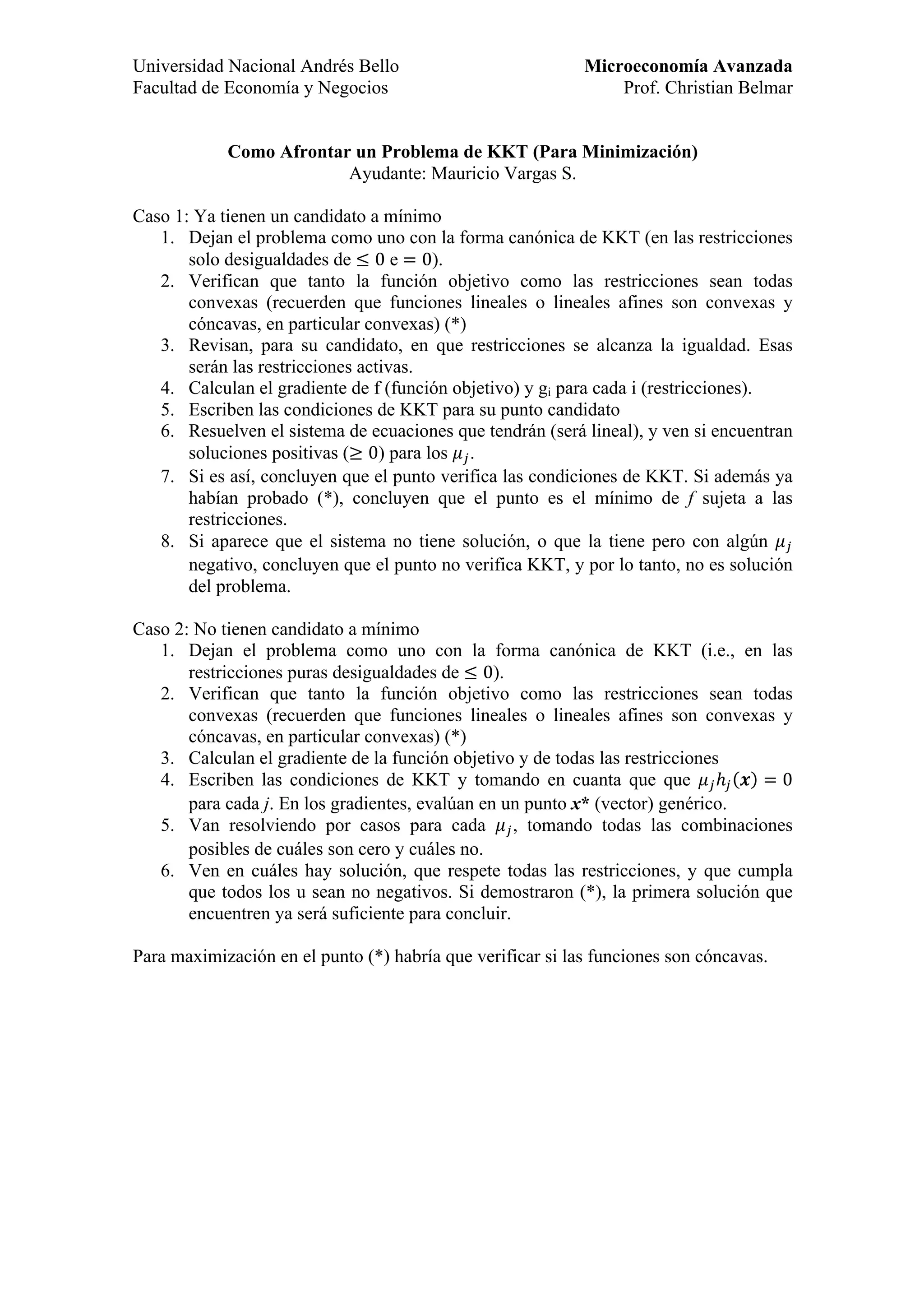 ¿Cómo afrontar un problema de Karush-Kuhn-Tucker (KKT)? | PDF