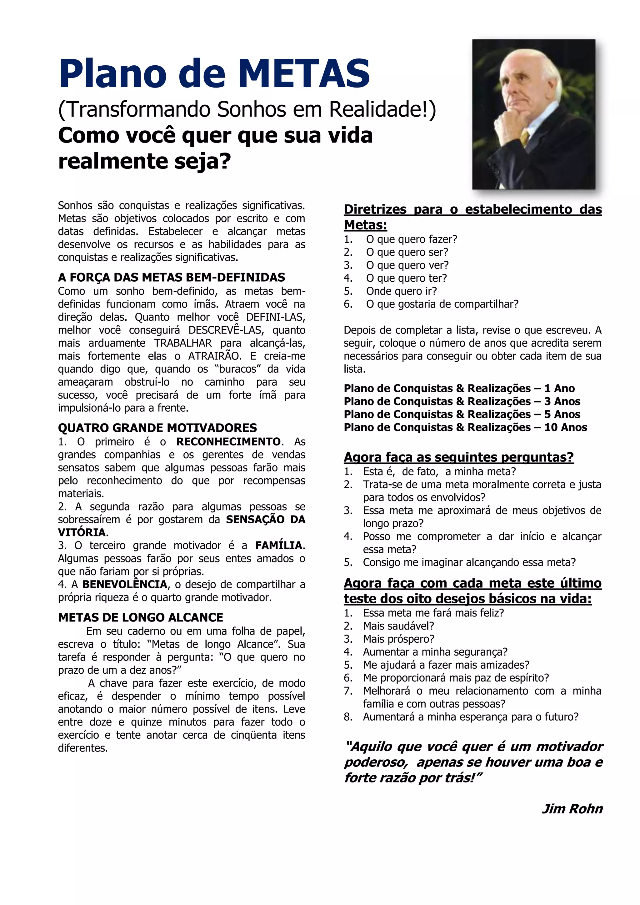 Como elaborar um plano de metas (jim rohn) | PDF