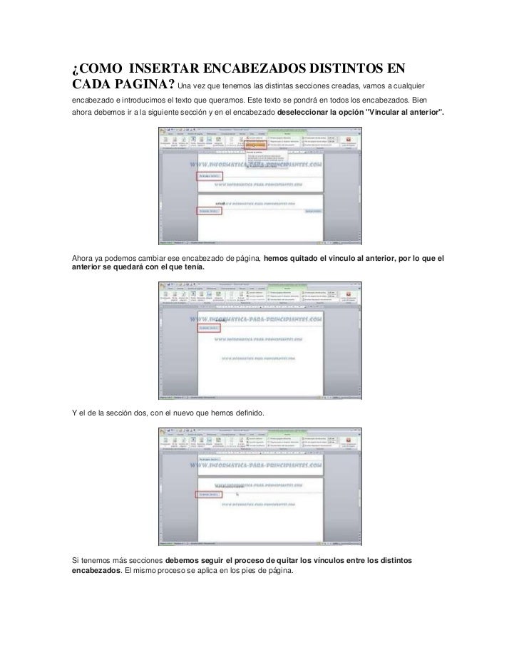 Como insertar encabezados distintos en cada pagina