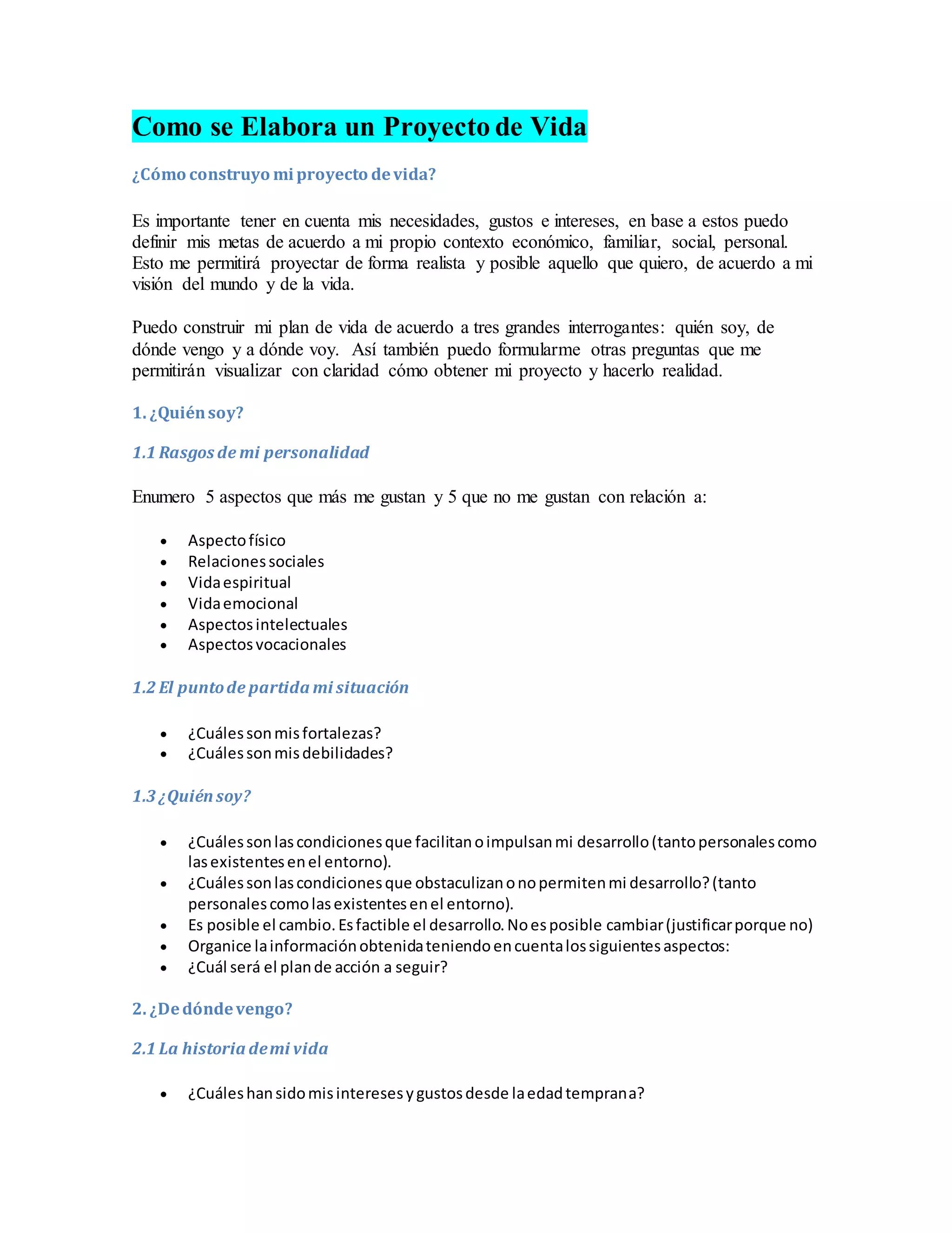 Como se elabora un proyecto de vida | DOCX