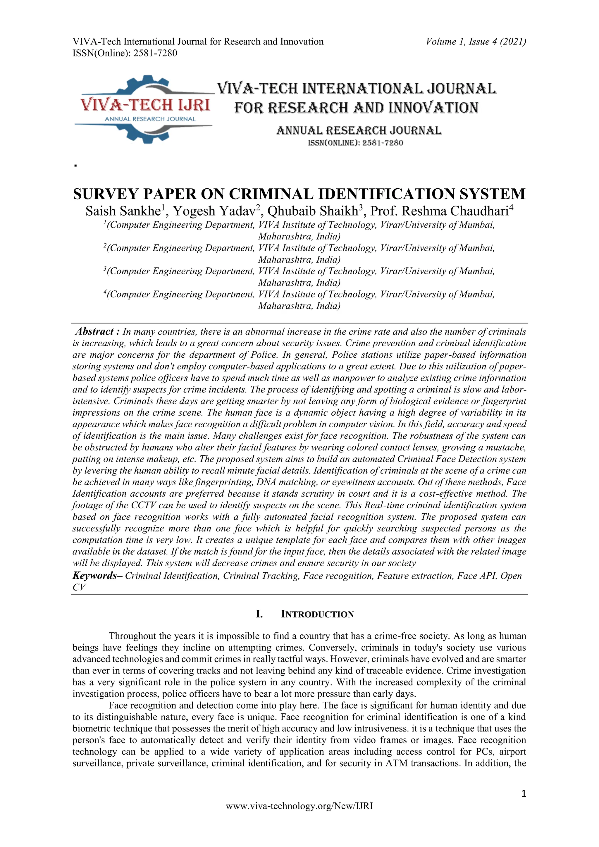 SURVEY PAPER ON CRIMINAL IDENTIFICATION SYSTEM | PDF