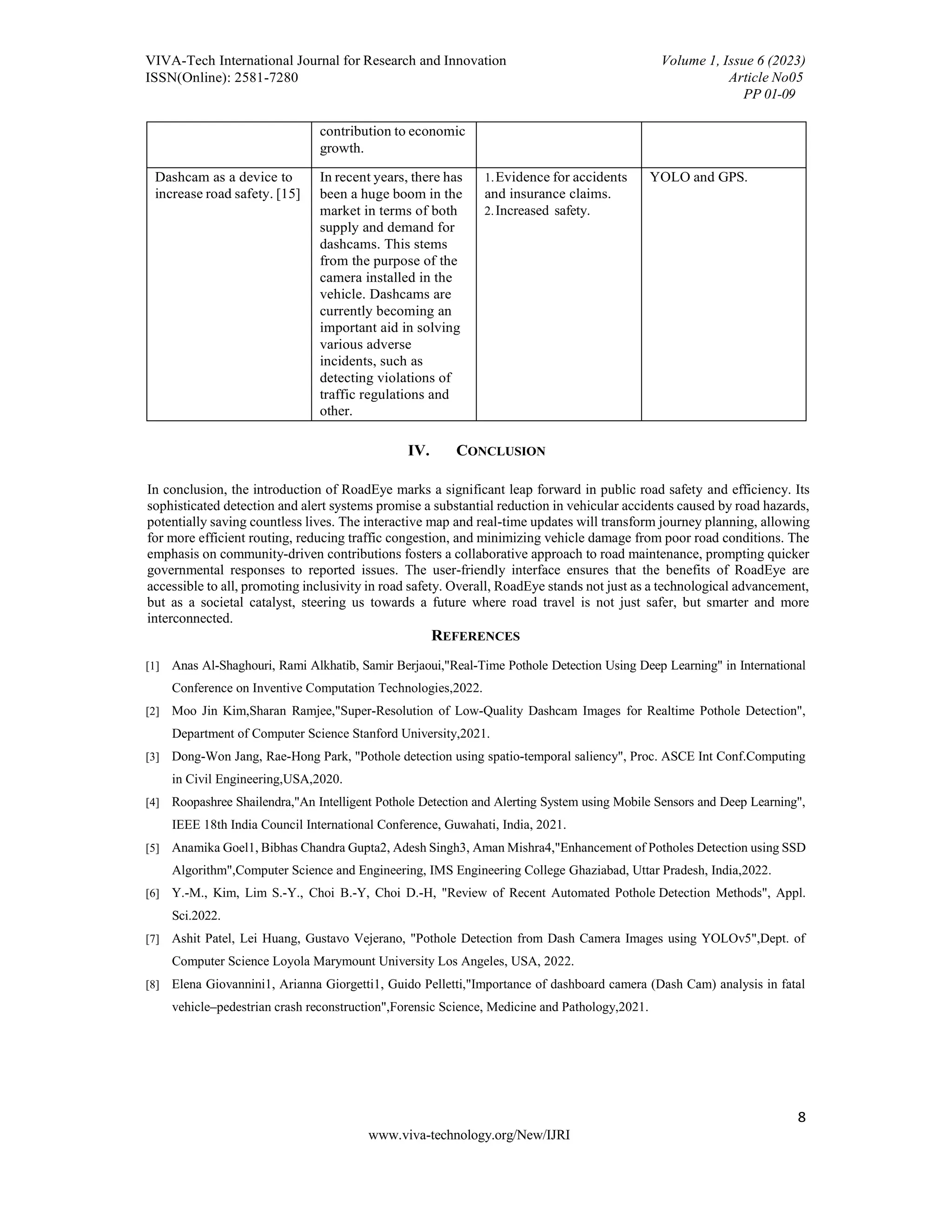 RoadEye- A Safer Drive Pothole Detection , Dashcam footage | PDF