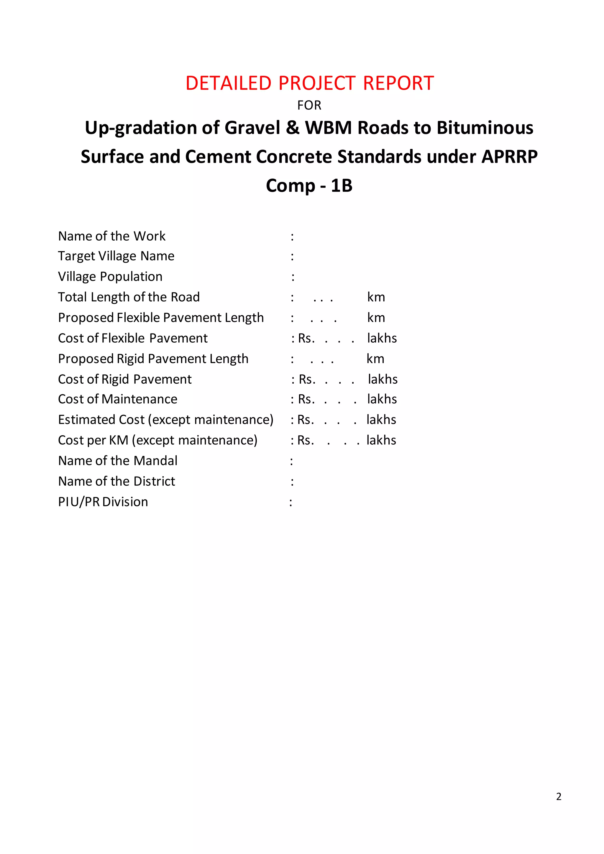 DPR Model Template for Rural Roads Upgradation in Andhra Pradesh | PDF