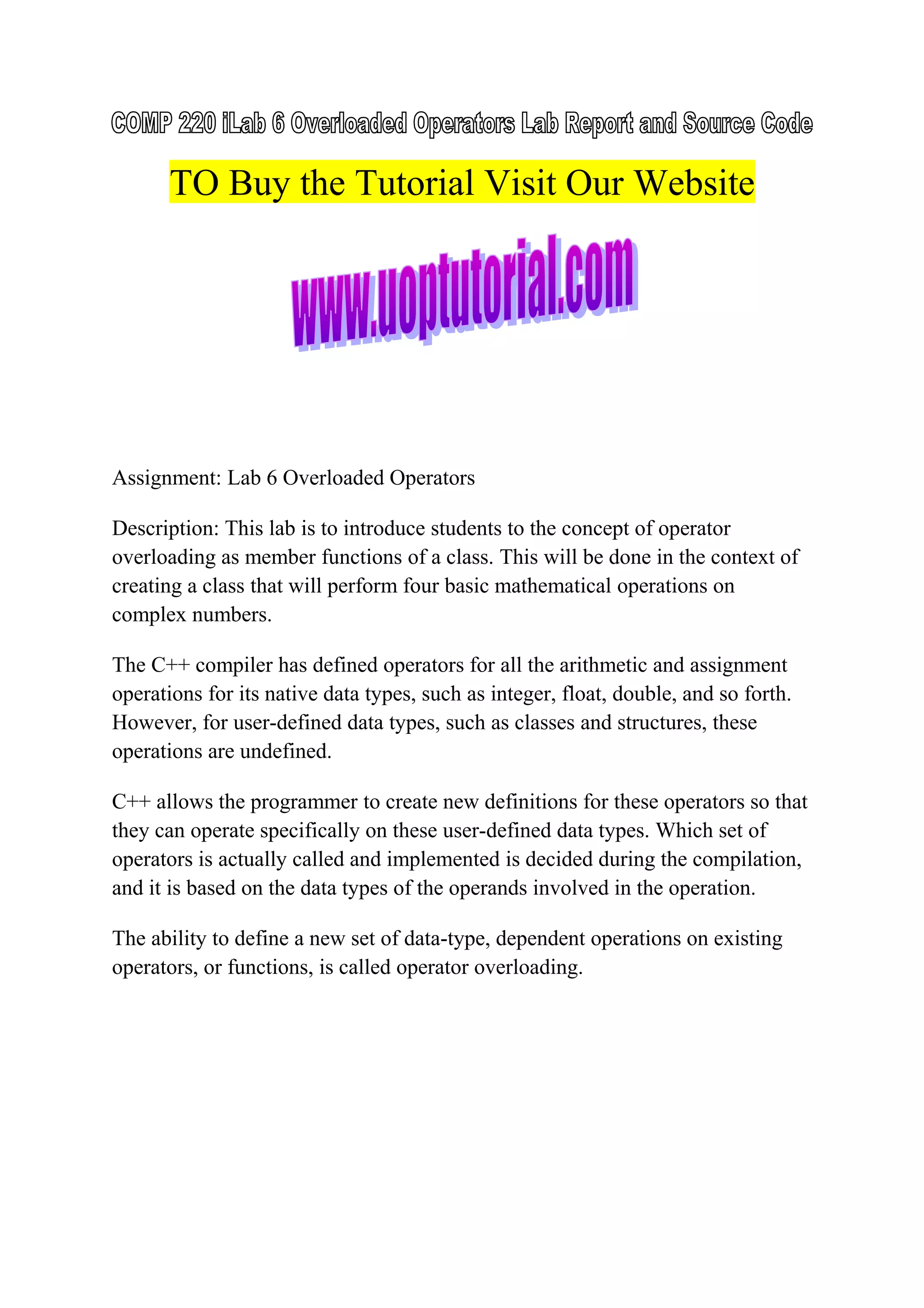 Comp 220 i lab 6 overloaded operators lab report and source code | DOC | Programming Languages ...