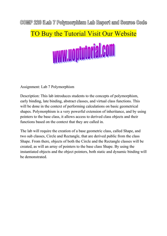 Comp 220 i lab 7 polymorphism lab report and source code | PDF