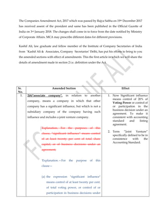 Companies amendment act 2017 amended sections with analysis | PDF