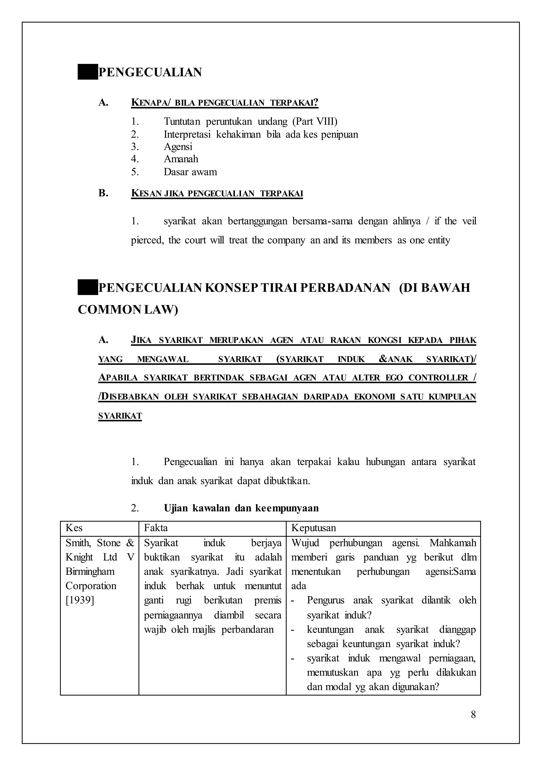 Konsep syarikat, konsep tirai perbadanan dan pengecualiannya, jenis ...