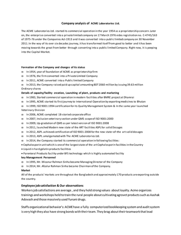 Company analysis of acme laboratories ltd | DOCX | Pharmaceutical ...