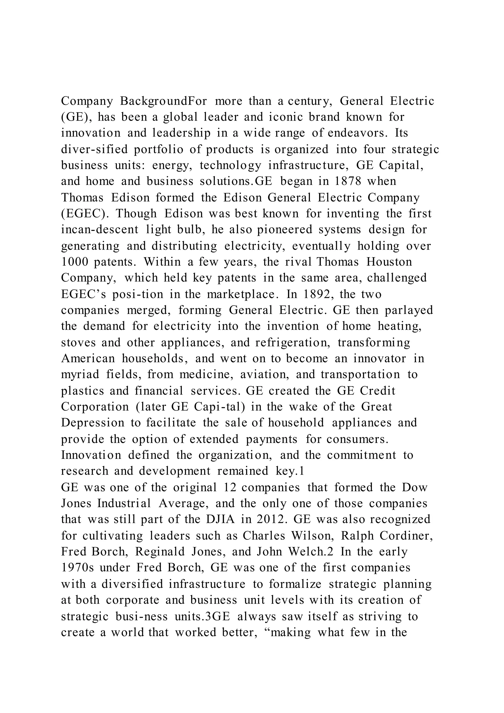 Company BackgroundFor more than a century, General Electric (GE), | DOCX