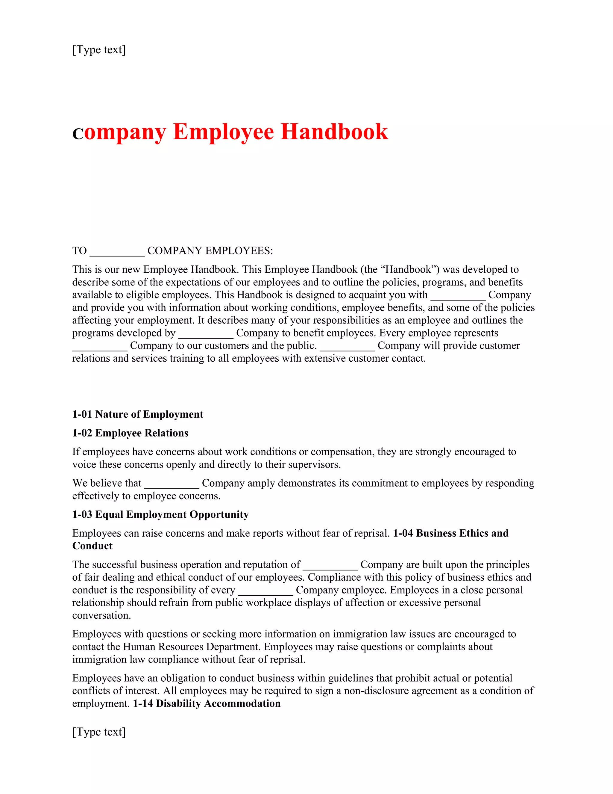 Company employee handbook summerize | DOC