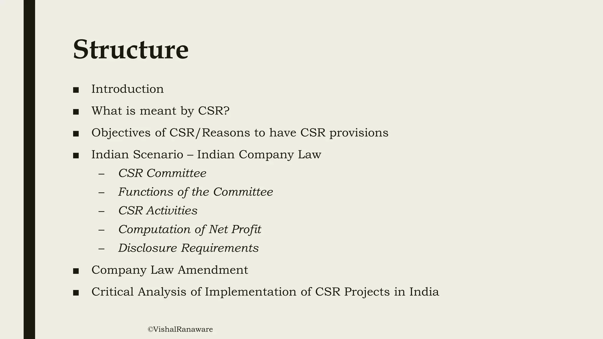 Corporate Social Responsibility (Company Law) by Vishal Ranaware | PPTX