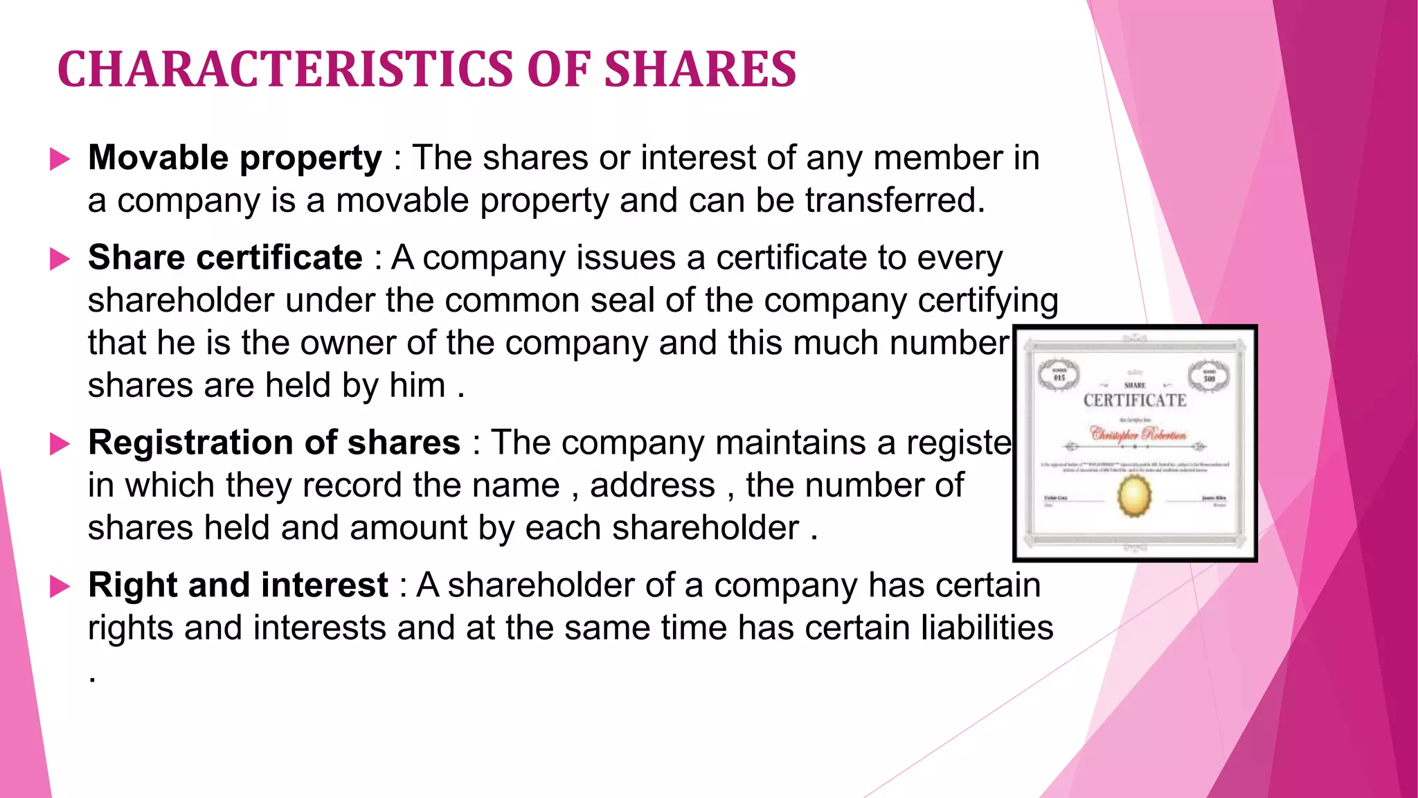 SHARES - MEANING , DEFINITION , CHARACTERISTICS AND ITS TYPES. | PPTX