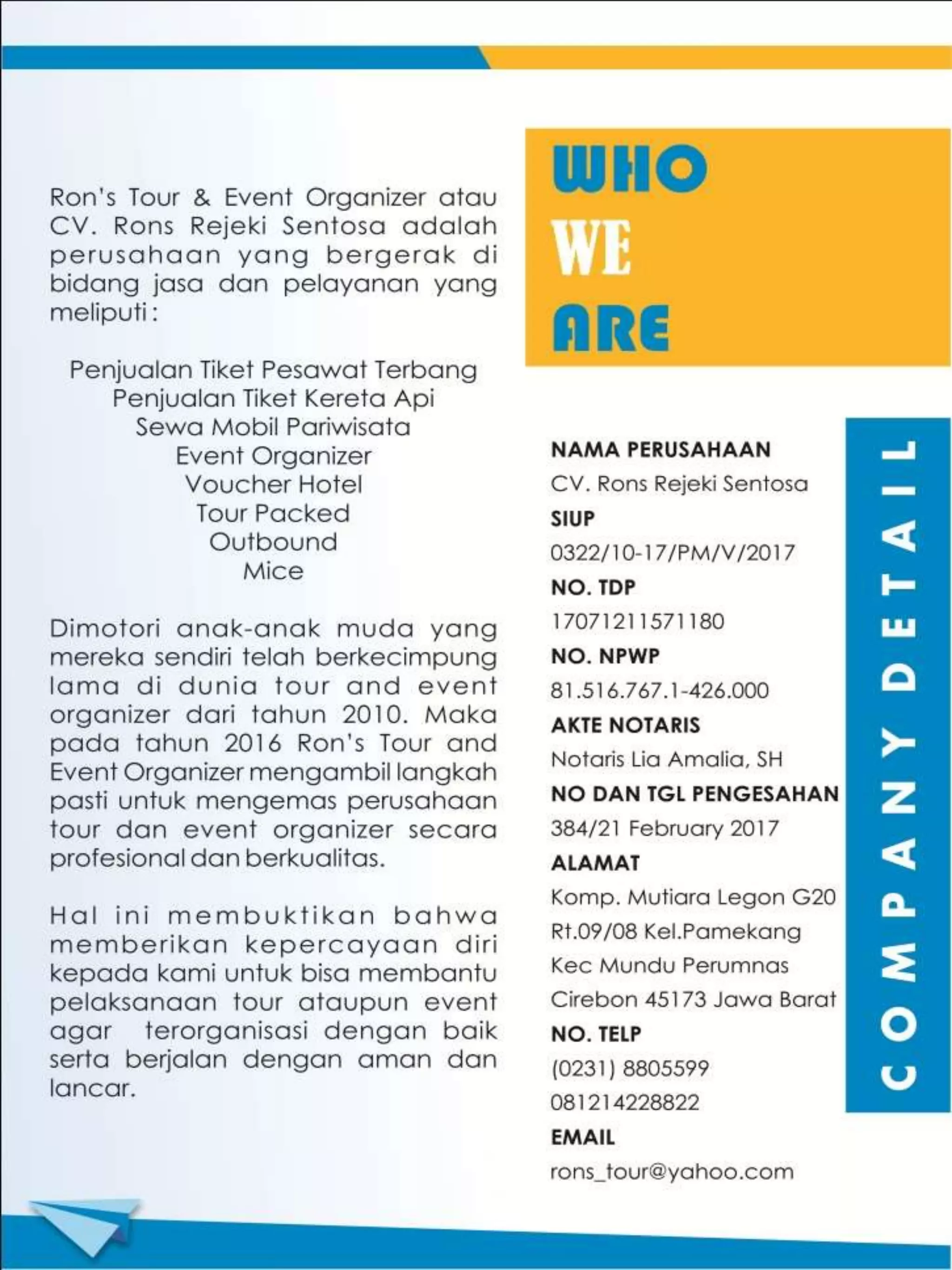 Company Profile Rons Tour Organizer | PPTX