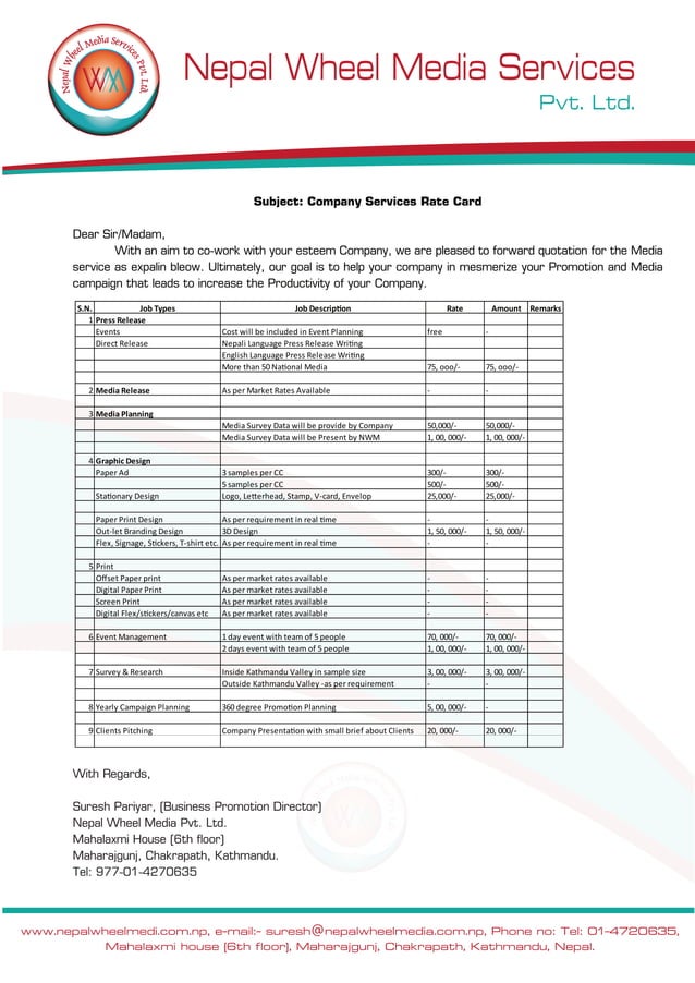 Company services rate card | PDF
