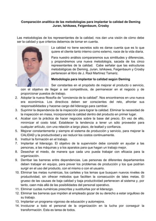 Comparación analítica entre Deming, Juran,Feigenbaum, Crosby | DOCX