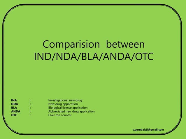 Comparasion of IND,NDA,BLA,ANDA,OTC | PPTX