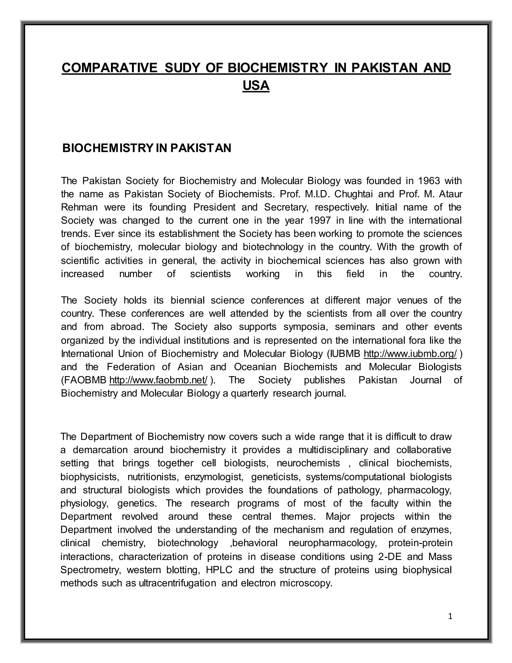 Comparative sudy of biochemistry in pakistan and usa | DOCX