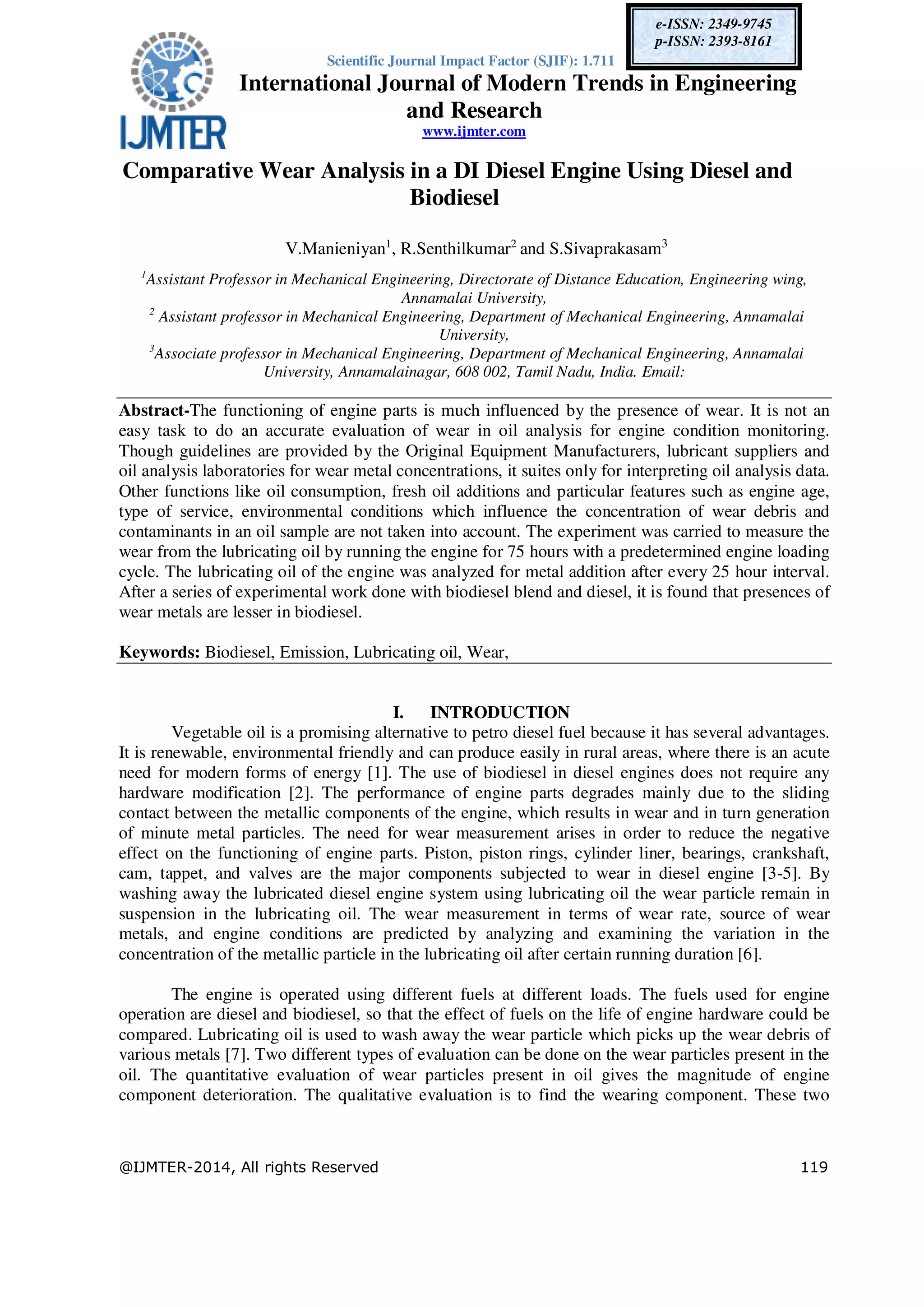 Comparative Wear Analysis in a DI Diesel Engine Using Diesel and ...