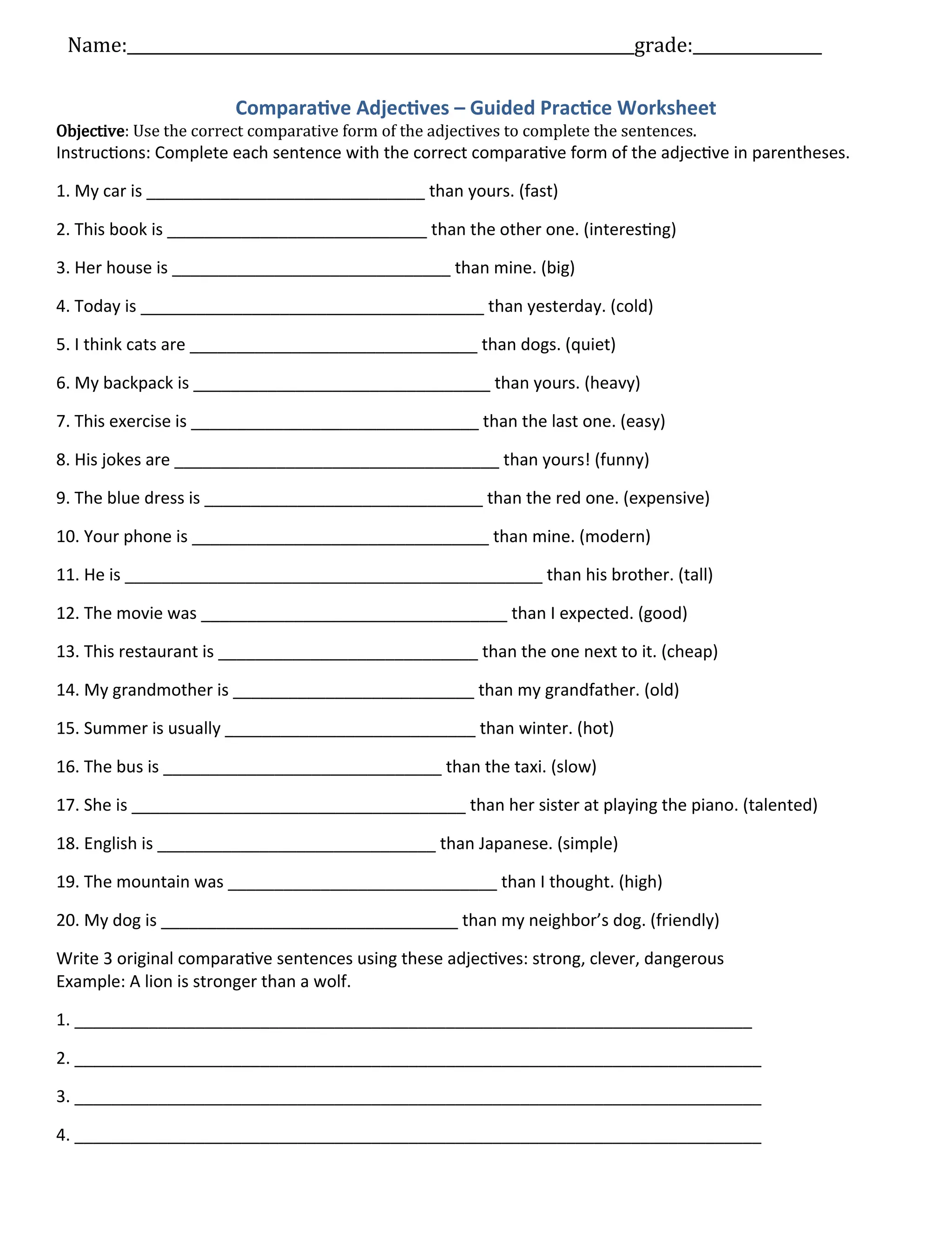 Comparative Adjectives Worksheet realiza los siguientes ejercicios | DOCX