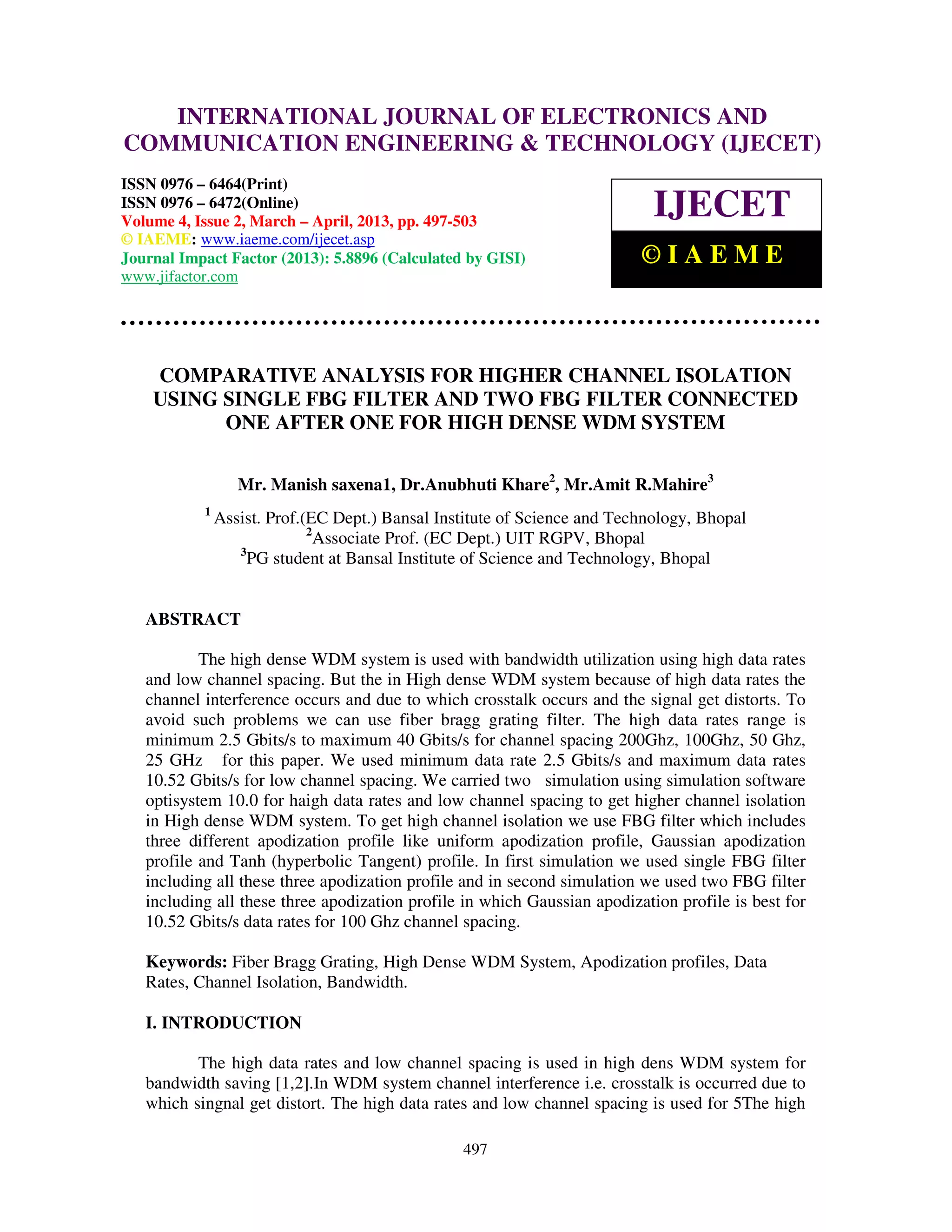 Comparative analysis for higher channel isolation using single | PDF