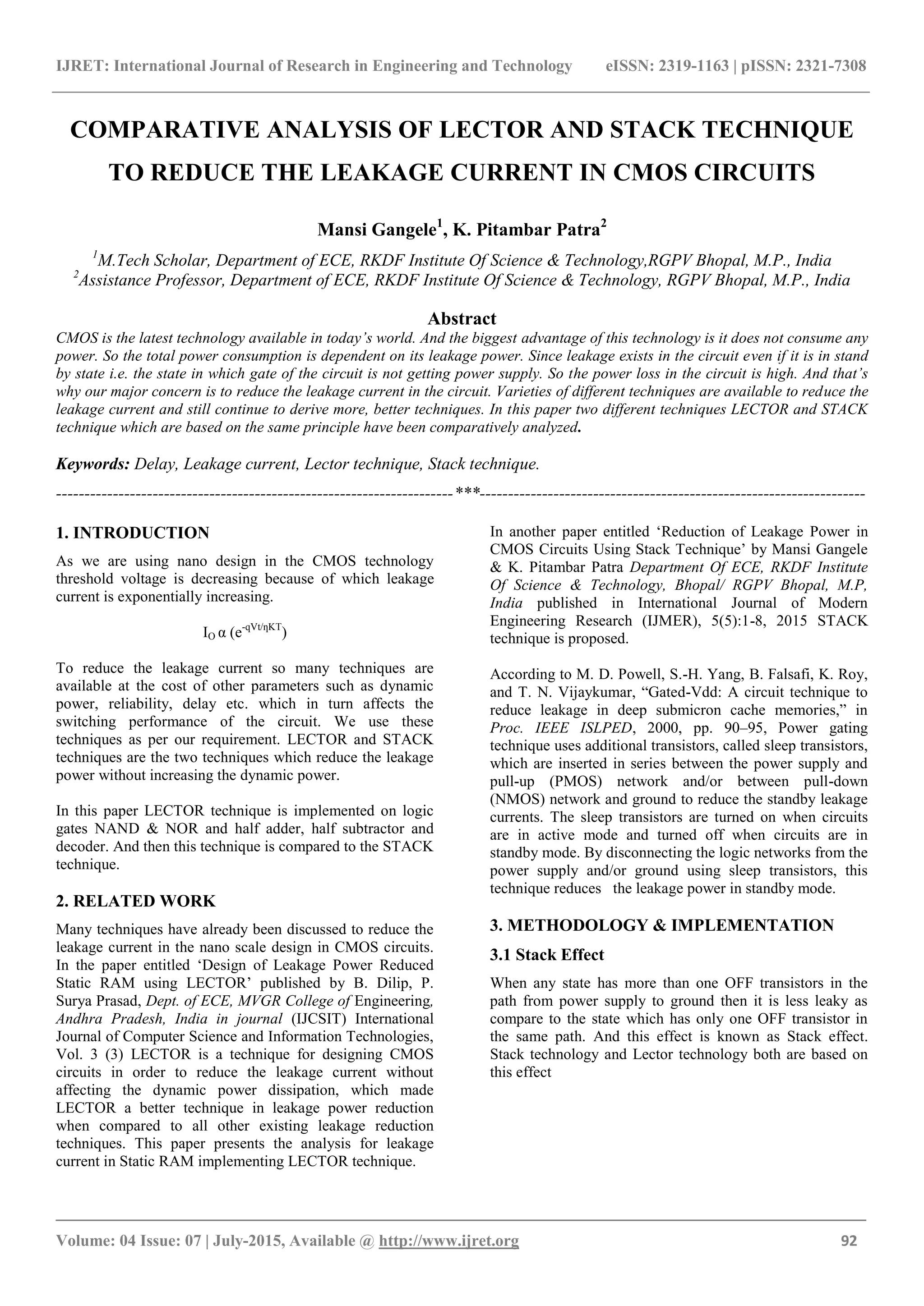 Comparative analysis of lector and stack technique to reduce the leakage current in cmos ...