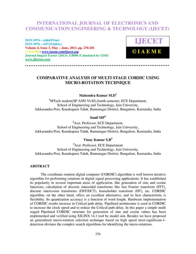 Comparative analysis of multi stage cordic using micro rotation techniq | PDF | Computing ...