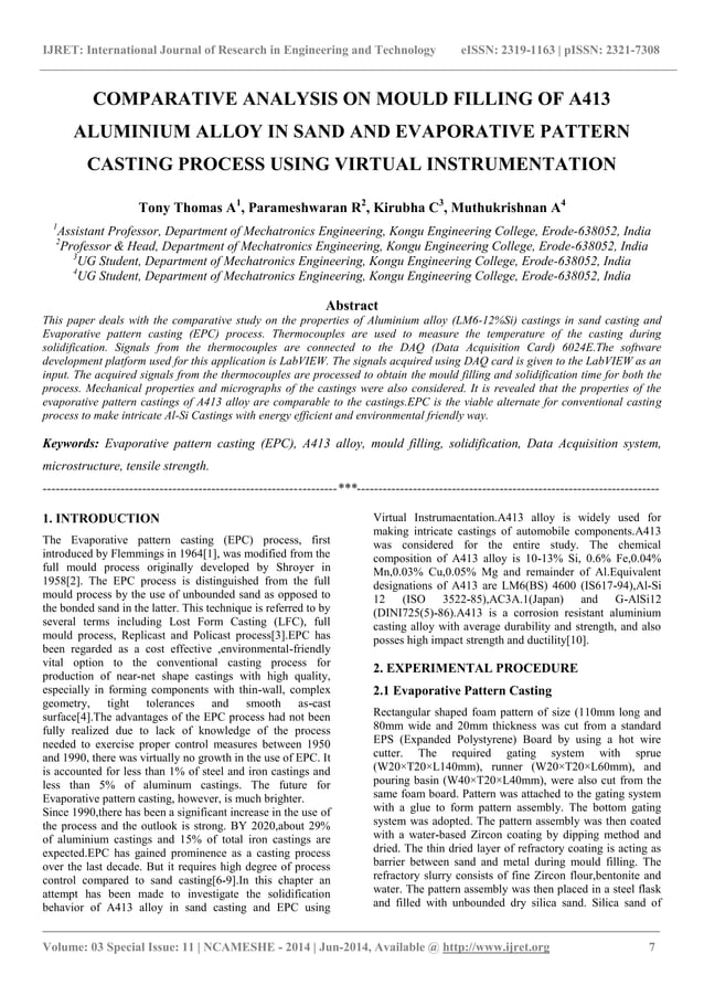 Comparative analysis on mould filling of a413 aluminium alloy in sand ...