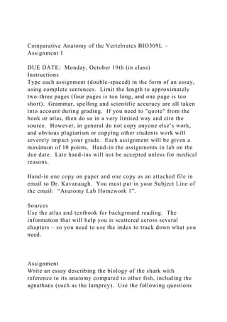 Comparative Anatomy of the Vertebrates BIO309L – Assignment 1D.docx ...