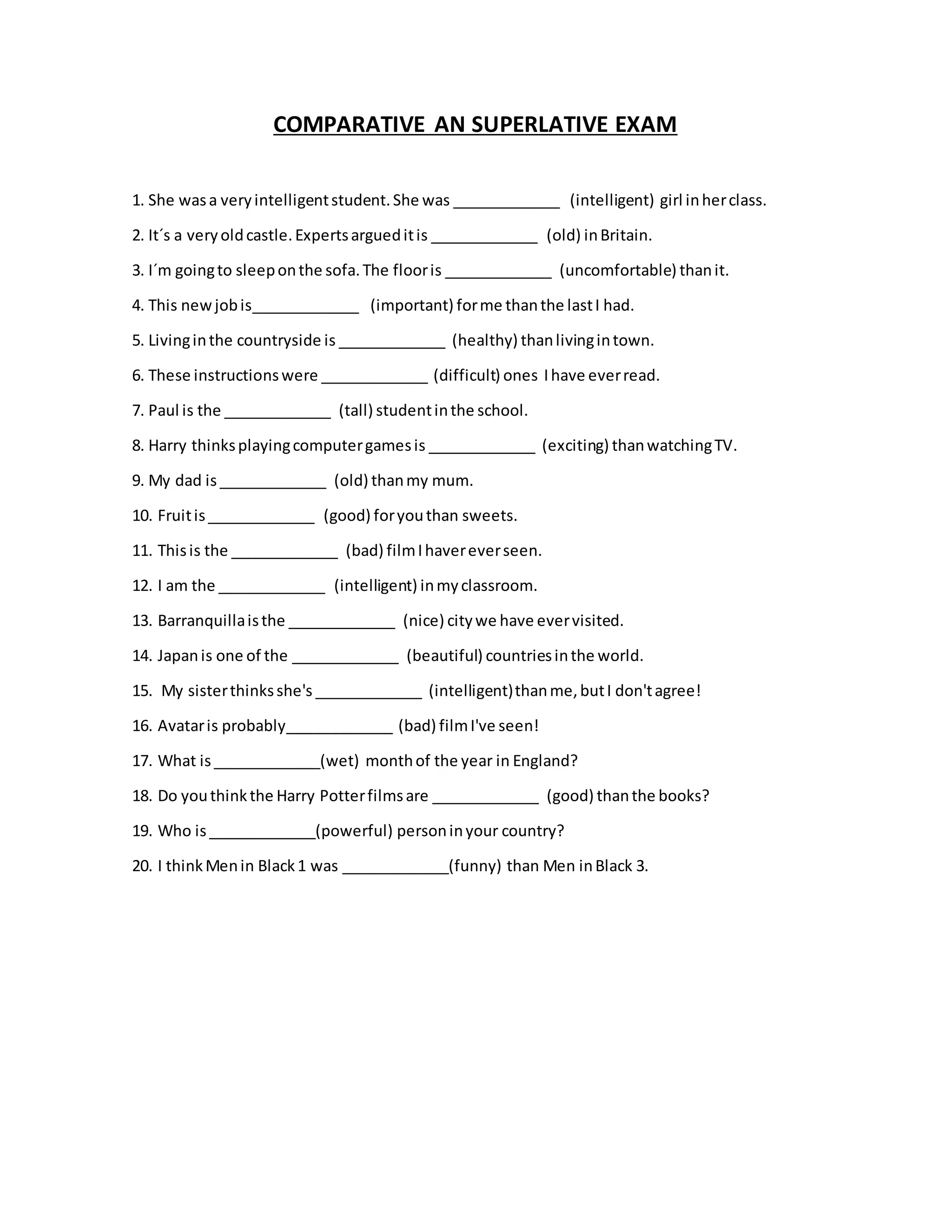 Comparative an superlative exam | PDF