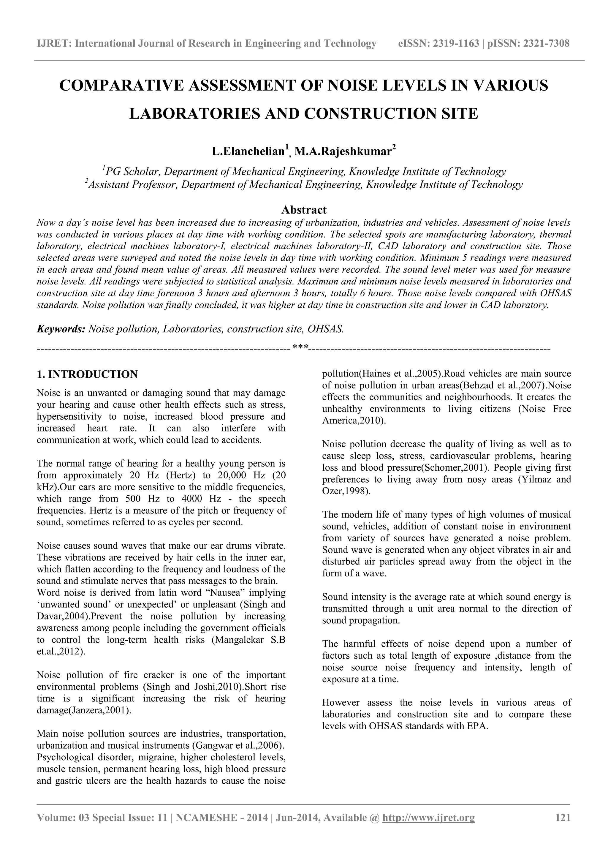 Comparative assessment of noise levels in various laboratories and ...