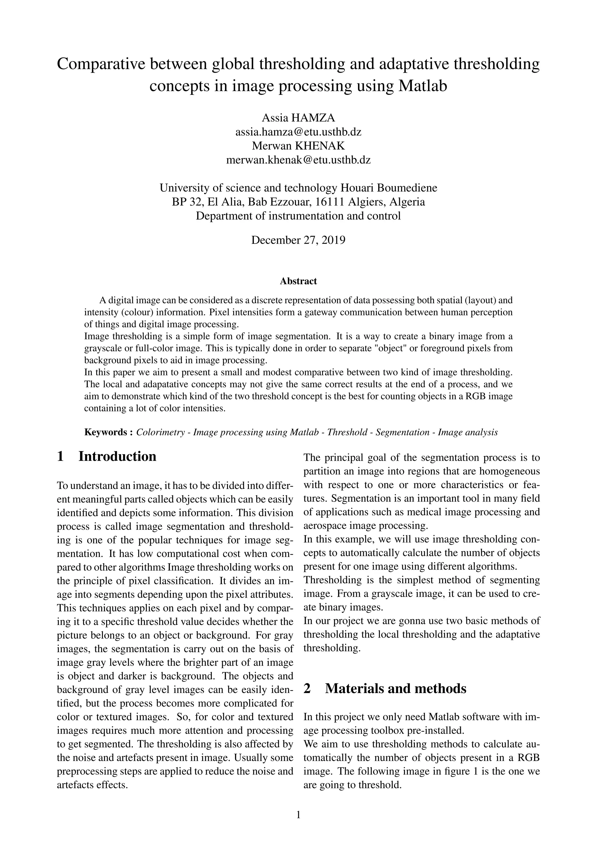Comparative between global threshold and adaptative threshold concepts in image processing | PDF