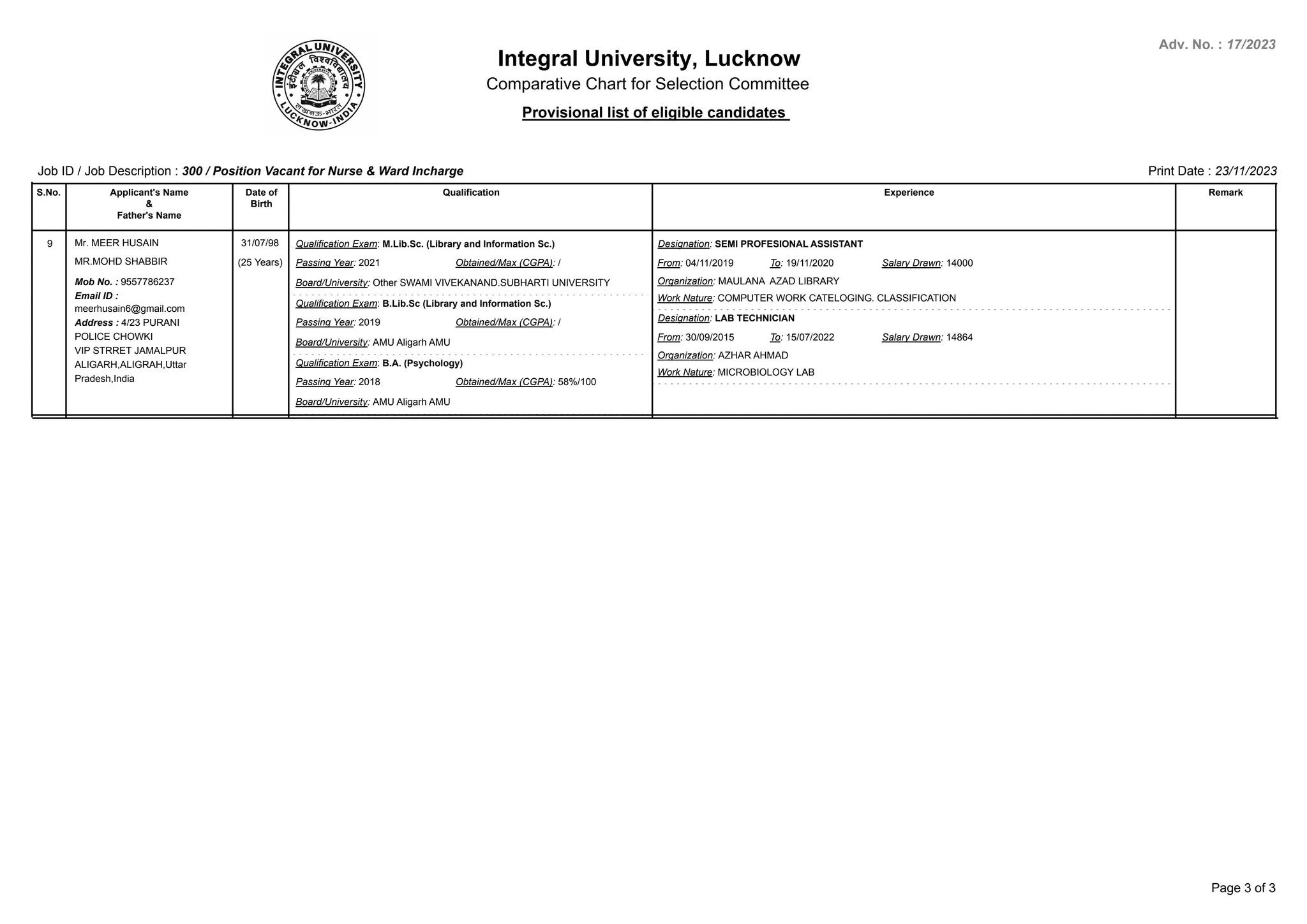 Comparative Chart of Selection Committee | PPT