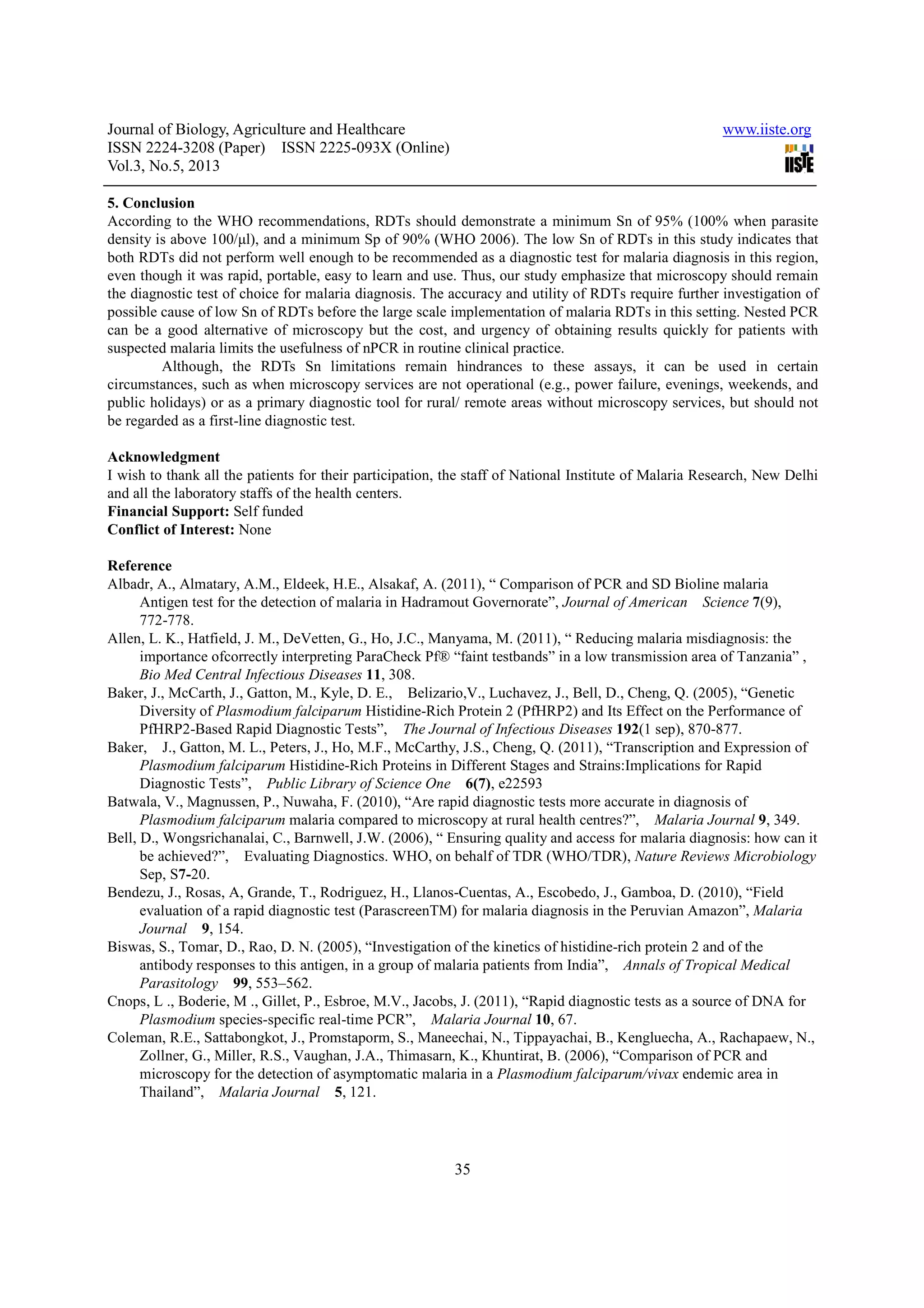 Comparative diagnosis of falciparum malaria infections by microscopy ...