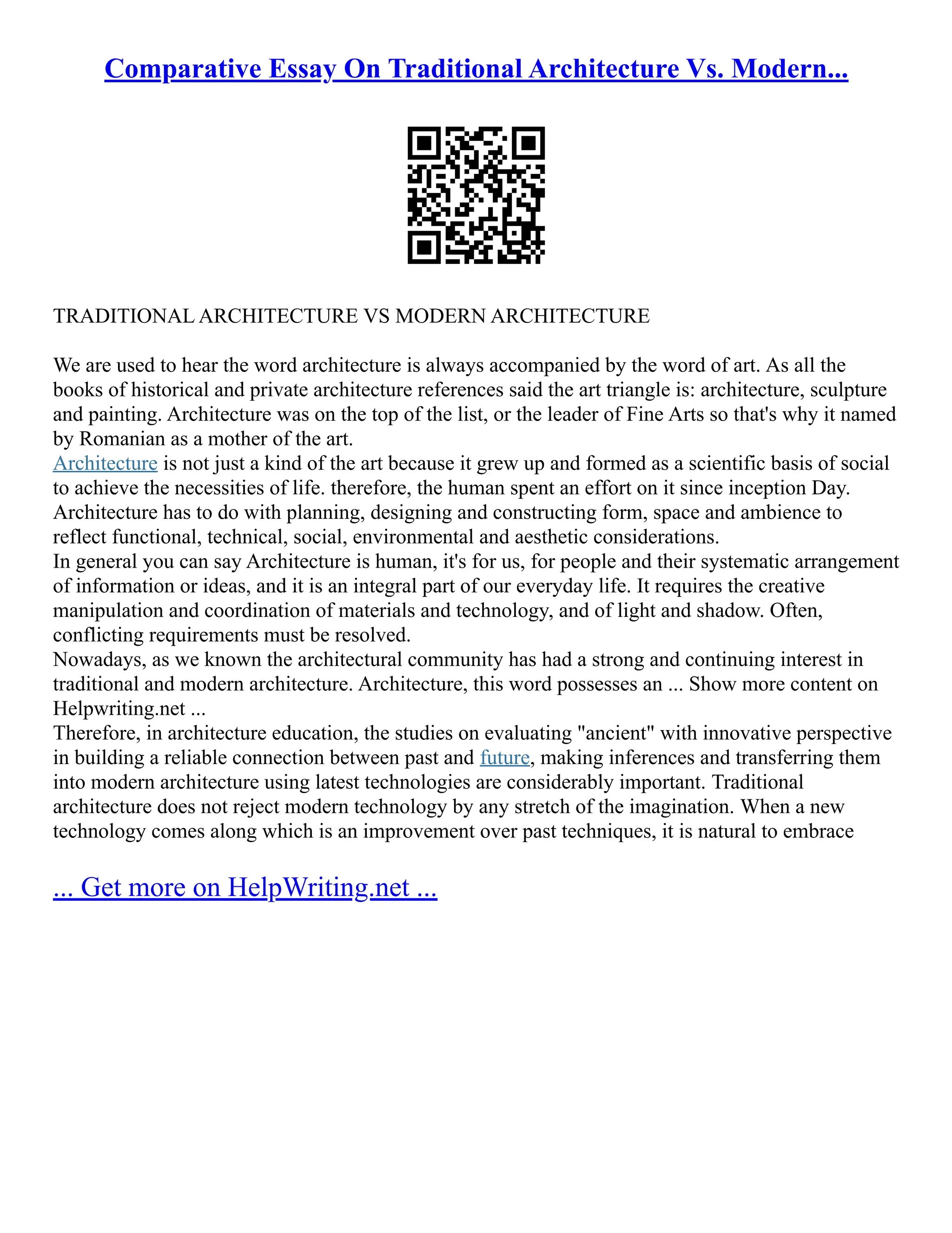 Comparative Essay On Traditional Architecture Vs. Modern... | PDF