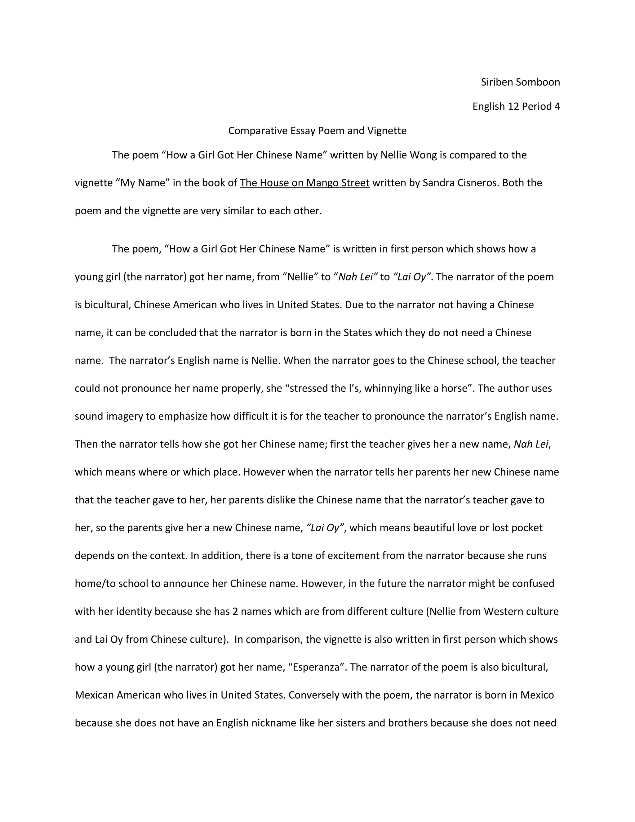 Comparative essay vignette and poem | DOCX