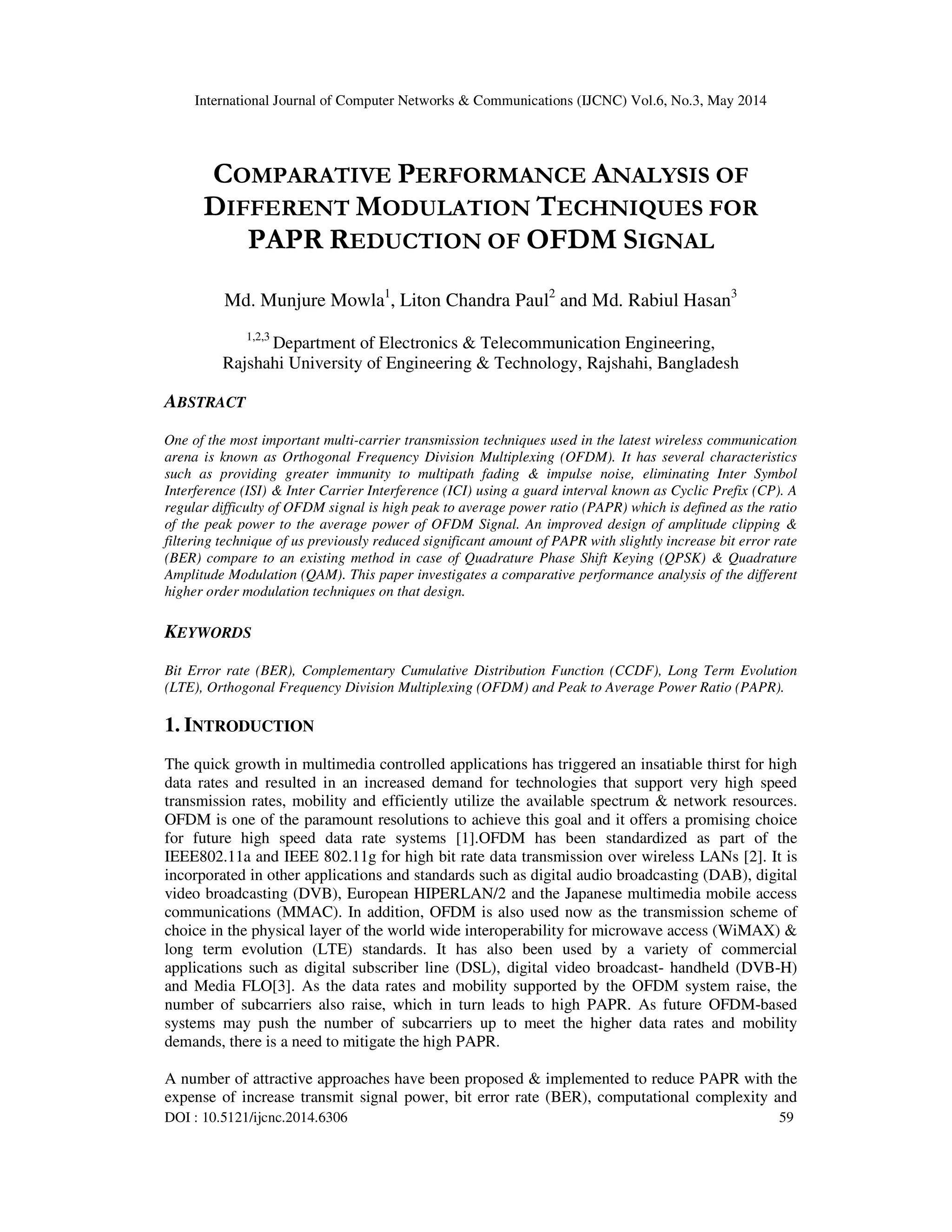 Comparative Performance Analysis Of Different Modulation Techniques For Papr Reduction Of Ofdm