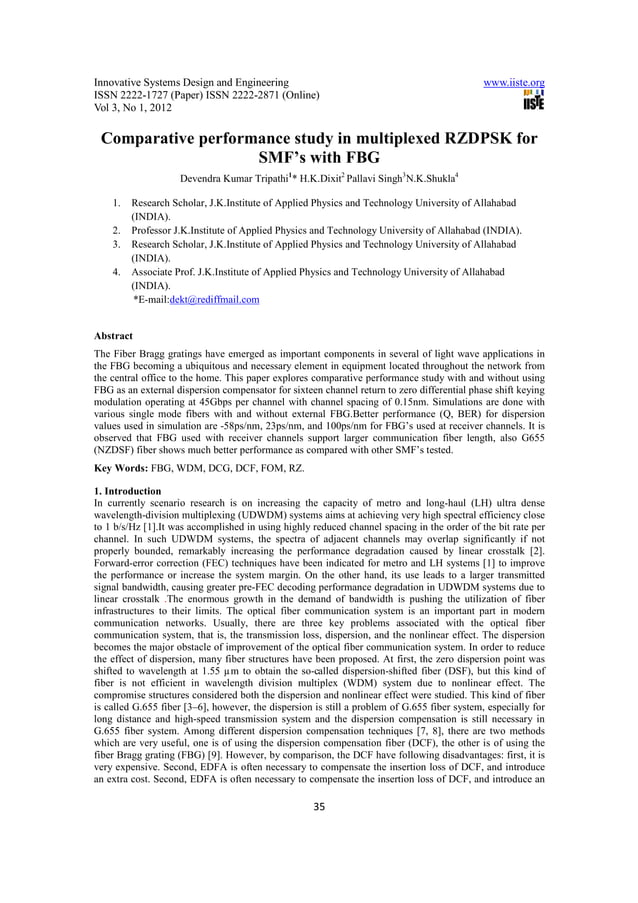Comparative performance study in multiplexed rzdpsk for smf抯 with fbg | PDF