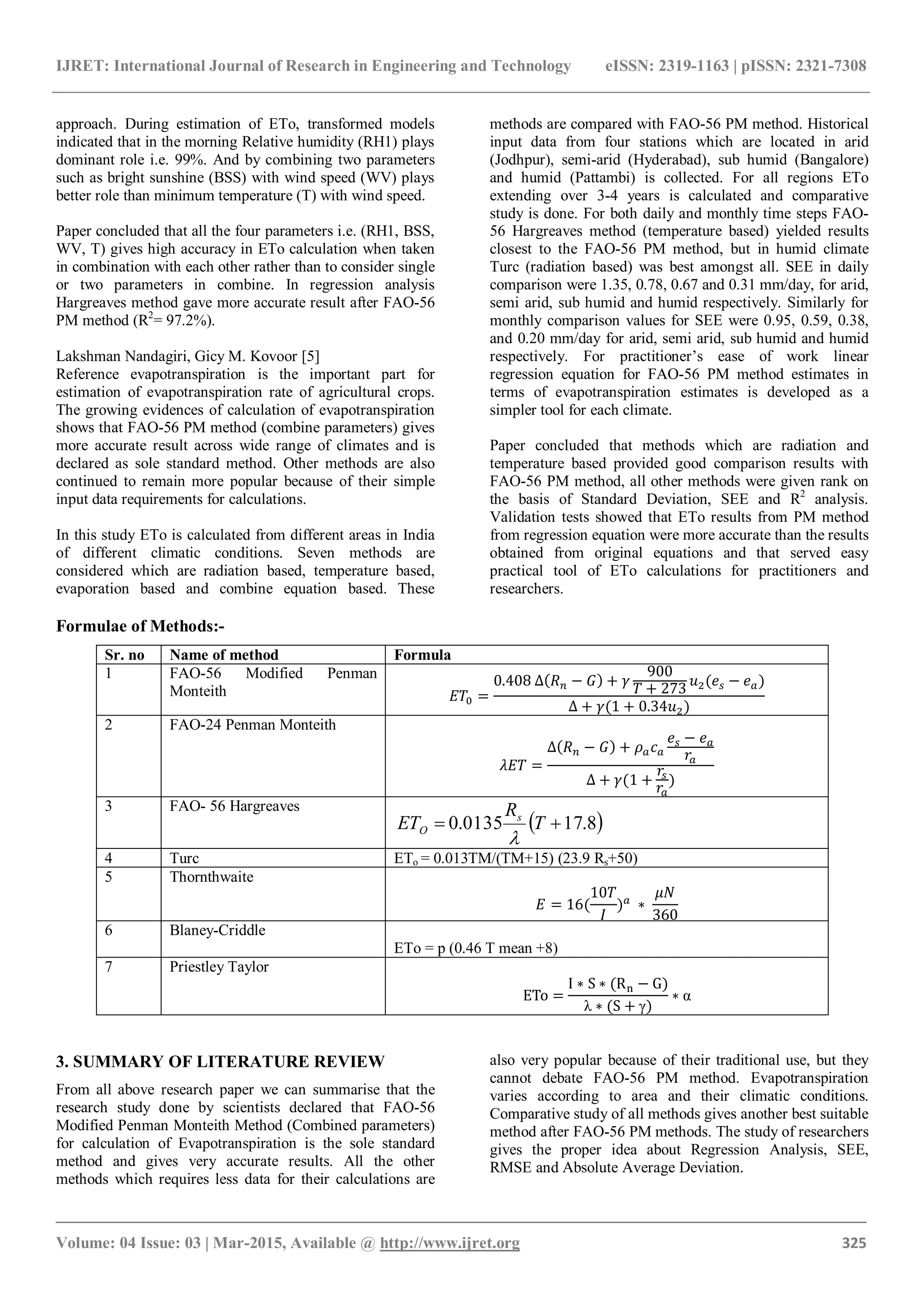 Comparative study of evaluation of evapotranspiration methods and ...