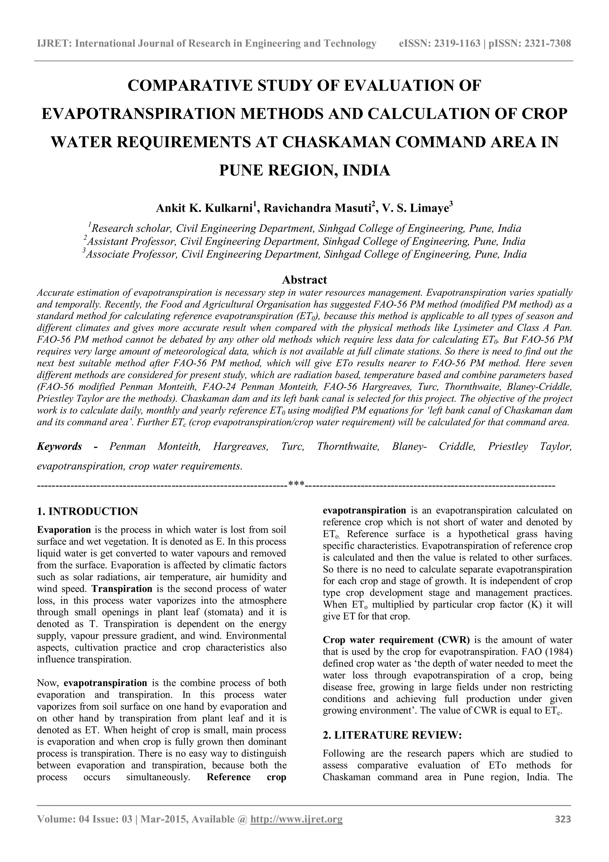 Comparative study of evaluation of evapotranspiration methods and ...