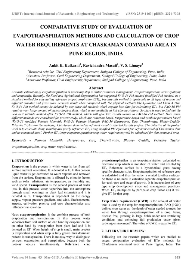 Comparative study of evaluation of evapotranspiration methods and calculation of crop water ...